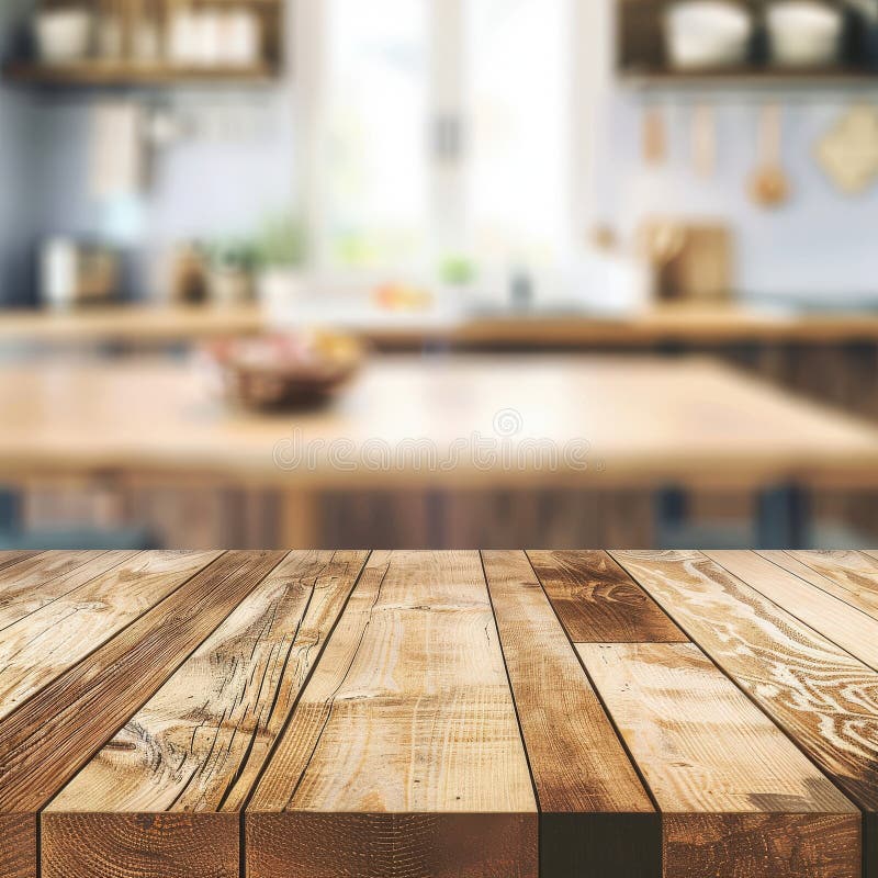 Empty Wooden Table Top for Product Display in Blurred Kitchen Stock ...