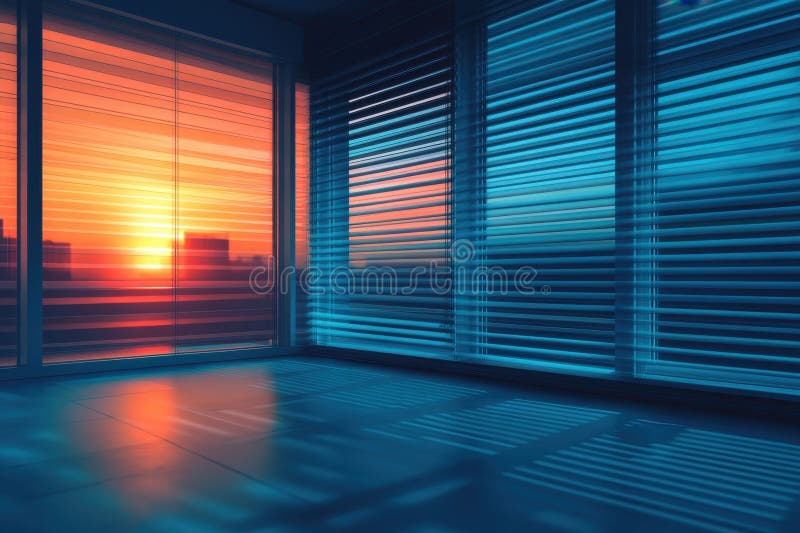 Sunset View from a Modern Room with Blinds Casting Shadows on the Floor ...