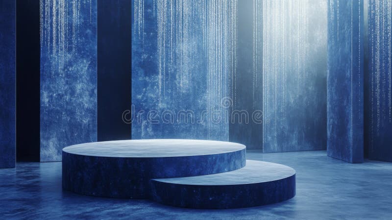 Modern Blue Stage Design with Cascading Light Effects in a Dimly Lit ...
