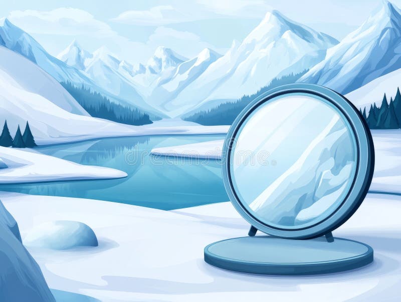 The Setting Features a White Platform, Icy Lake, Mountains, and an ...