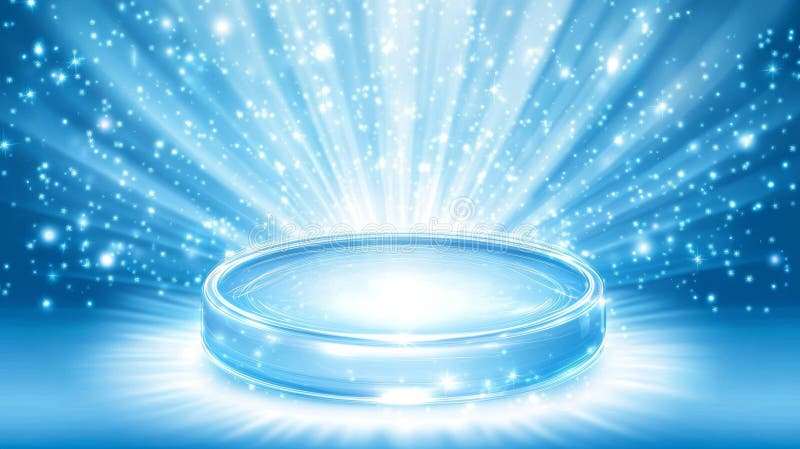 The Setting is a Futuristic Stage with Blue Lights, a Product Display ...