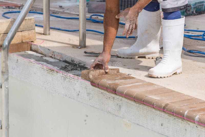 Setting New Brick Coping Pool Remodel Stock Photo - Image of draining ...