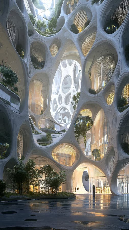Futuristic Architectural Marvel with Organic Forms and Lush Greenery in ...