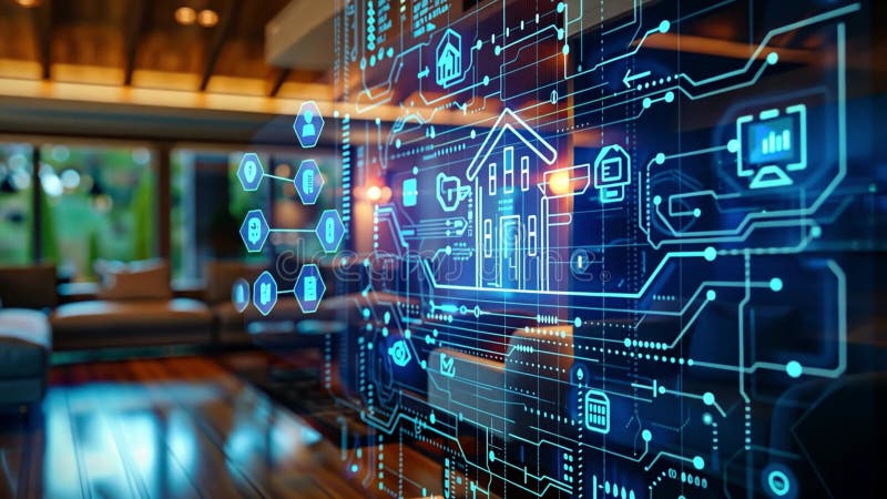 A Modern Living Room Featuring Smart Home Technology with Glowing ...