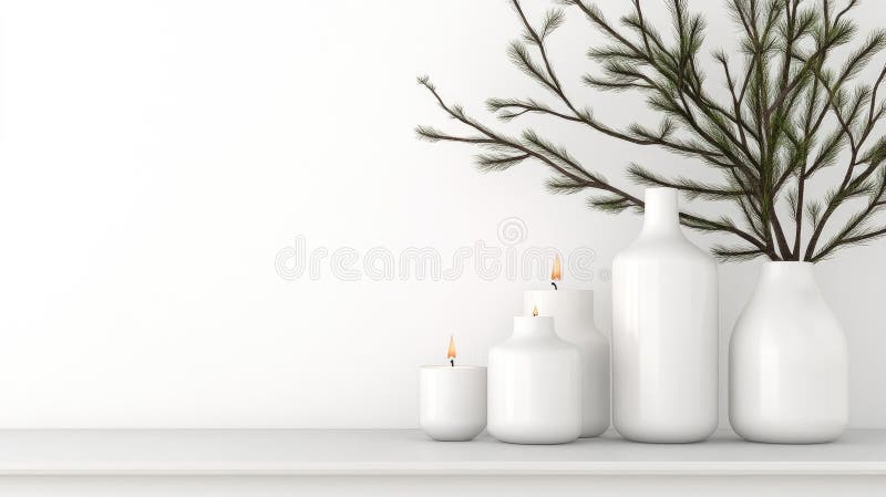 This Setting Showcases White Vases Filled with Fir Branches and ...