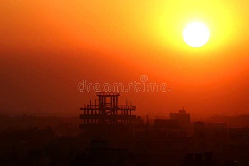 Setting Sun Behind Construction Building Stock Image - Image of night ...