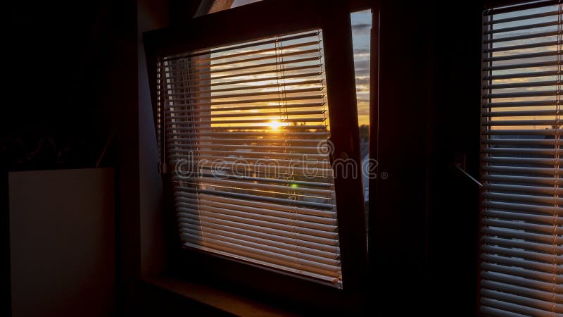 Setting Sun Behind the Window with Blinds Stock Image - Image of blue ...