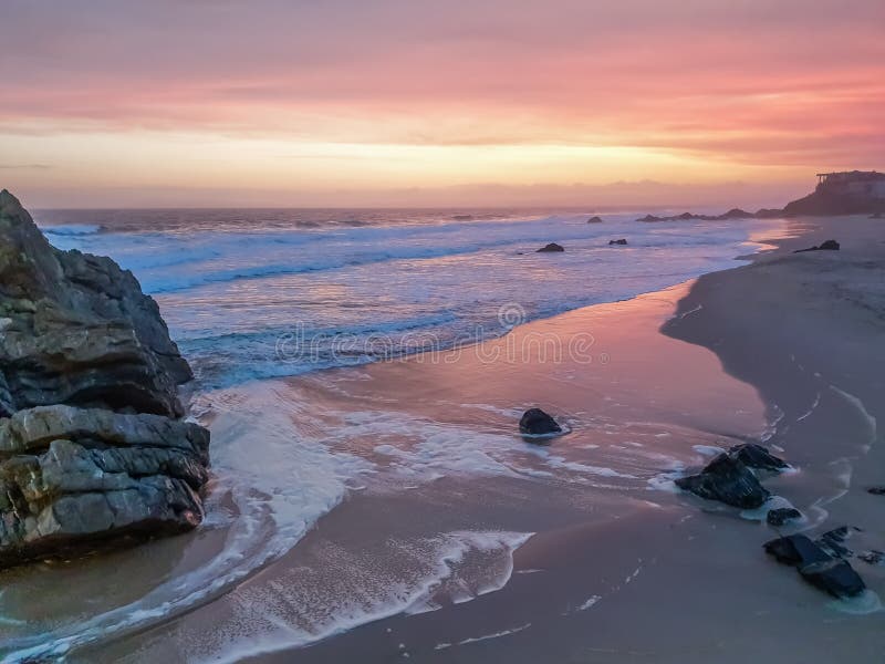 Setting Sun Casting Glow Over Beach Scene. Stock Image - Image of grass ...