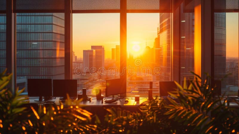 The Setting Sun Casts a Beautiful Warm Light through the Office Windows ...