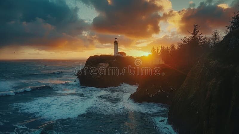 The Setting Sun Casts a Fiery Glow Behind a Lighthouse Standing on a ...