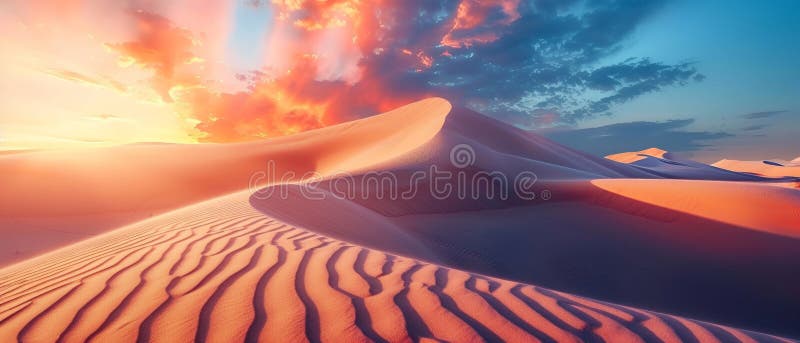 The Setting Sun Casts a Fiery Glow Over Undulating Desert Dunes, Their ...