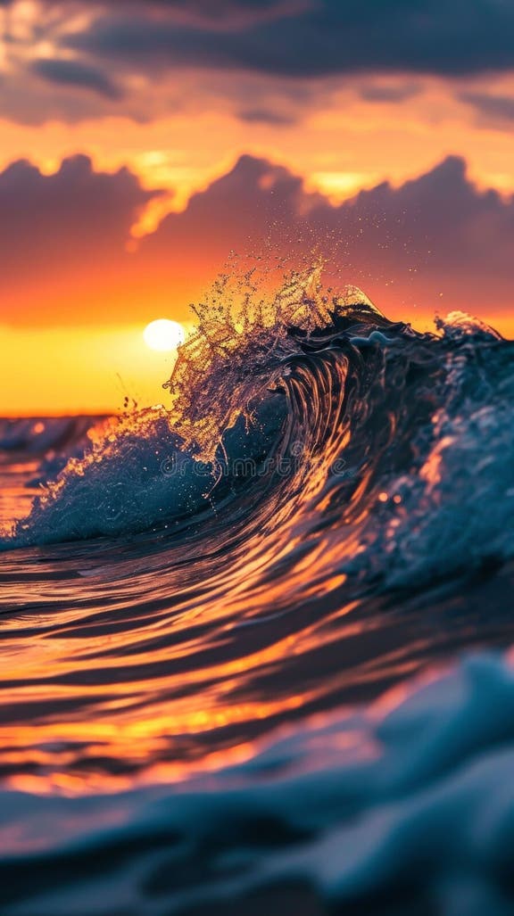 Setting Sun Casts Glowing Orange Light Over Ocean Waves Stock Image ...