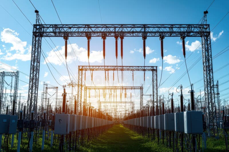 Sunset Illuminates Electrical Substations with Tall Towers and Power ...