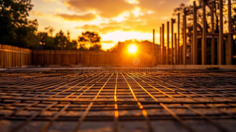 The Setting Sun Casts a Warm Glow on a Reinforced Steel Grid at a ...