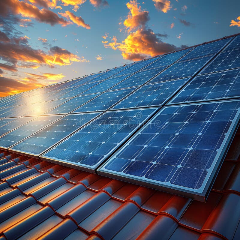 Solar Panels on a Rooftop at Sunset with Vibrant Clouds in the ...