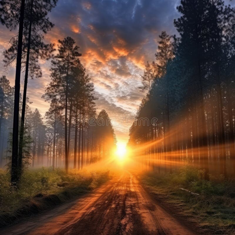 Setting Sun in Forest stock illustration. Illustration of sundown ...