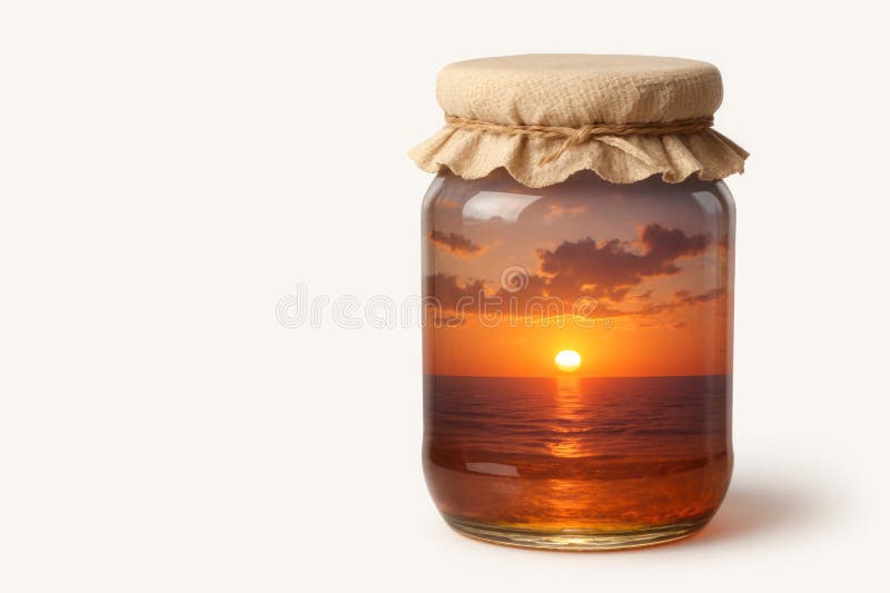 The Setting Sun in a Glass Jar Under the Lid. Space for Text. Stock ...