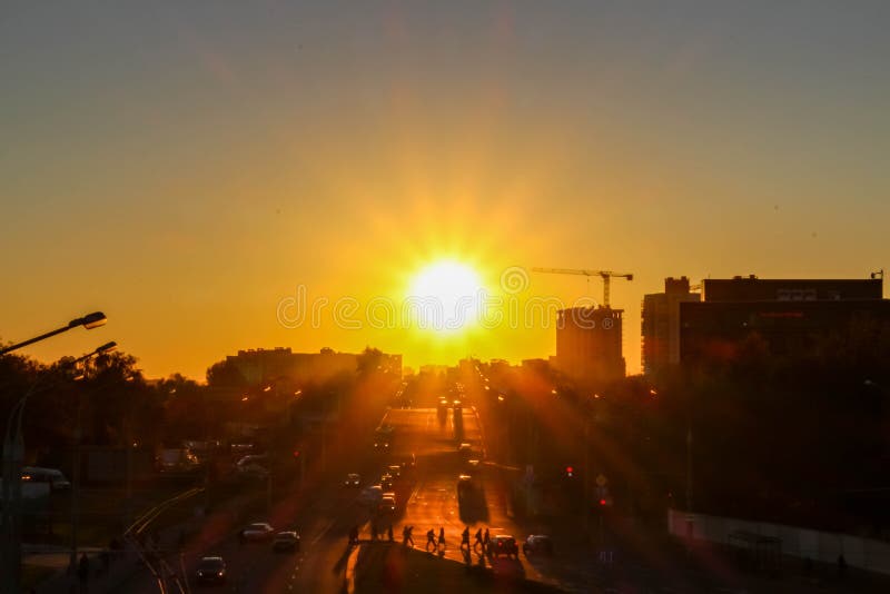 Setting sun over the city stock vector. Illustration of landscape ...