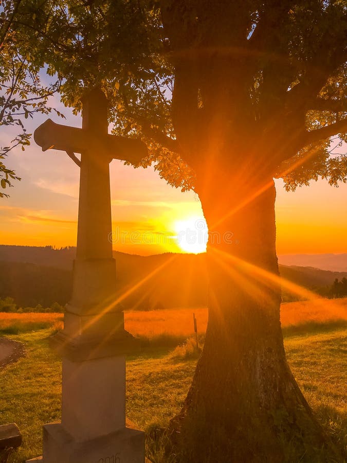 The Setting Sun Over the Landscape Overlooking the Trees and the Cross ...