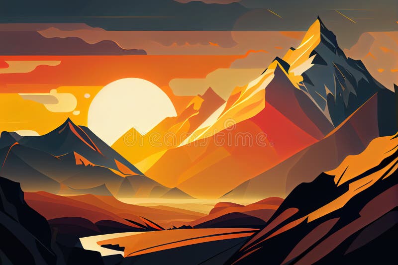 Setting Sun Over Mountains Minimalistic Drawing. Generative AI ...