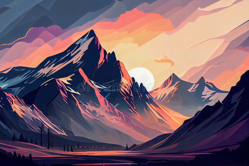 Setting Sun Over Mountains Minimalistic Drawing. Generative AI ...