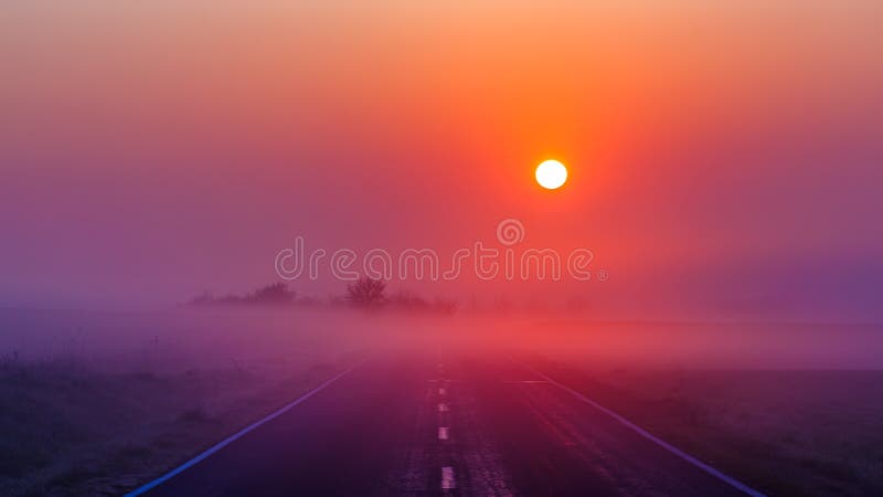 Setting Sun Over the Road Covered by Fog Stock Image - Image of nature ...