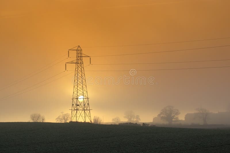 Setting sun with pylon stock image. Image of winter, power - 12141569
