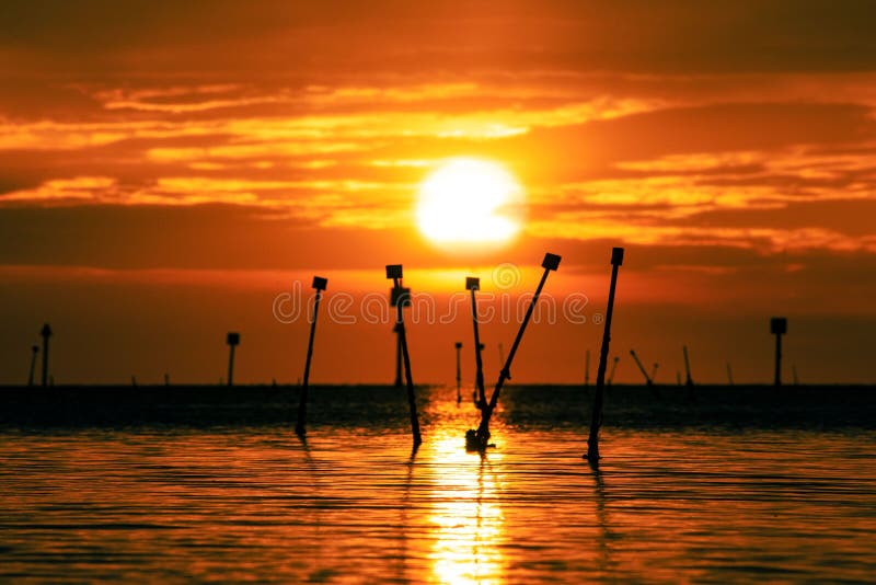 Setting Sun Reflecting Off the Tranquil Surface of the Water with Poles ...