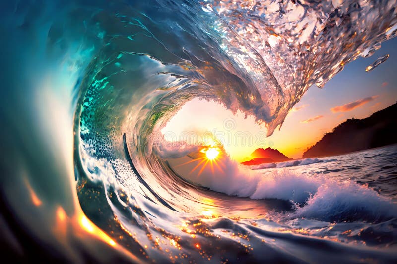 Setting Sun Seen Under the Rolling Ocean Wave Stock Illustration ...