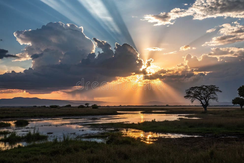A Setting Sun Wuth Crepuscular Rays Setting Over Wet Landscape ...