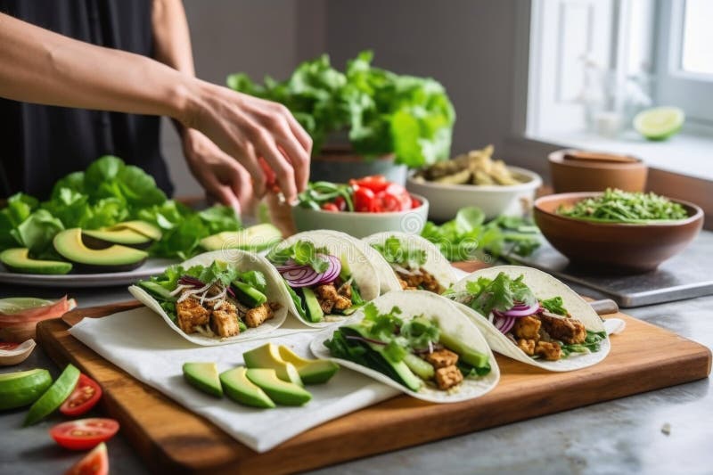 Setting a Table with Vegan Tempeh Tacos Using Tongs Stock Image - Image ...