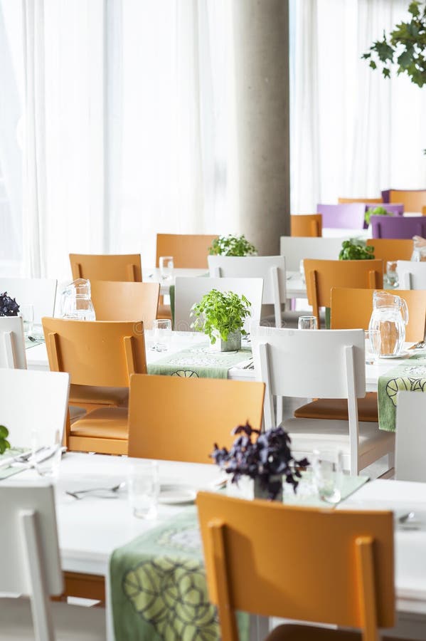 Setting Tables in Cafeteria. Stock Photo - Image of dining, lunch: 38700174