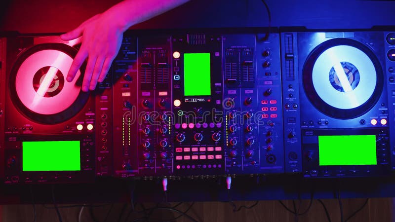 Setting Up Digital Mixing Console with Hands of DJ, Top View. Confident ...