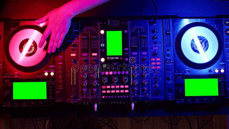 Setting Up Digital Mixing Console with Hands of DJ, Top View. Confident ...