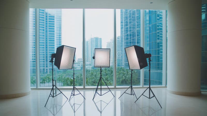 Setting Up a Photography Studio with Three Cameras and Lighting Stock ...