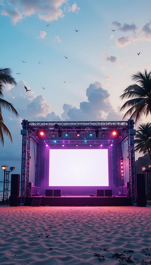 Setting Up Stage on Sandy Beach at Sunset Ready for Performance Stock ...