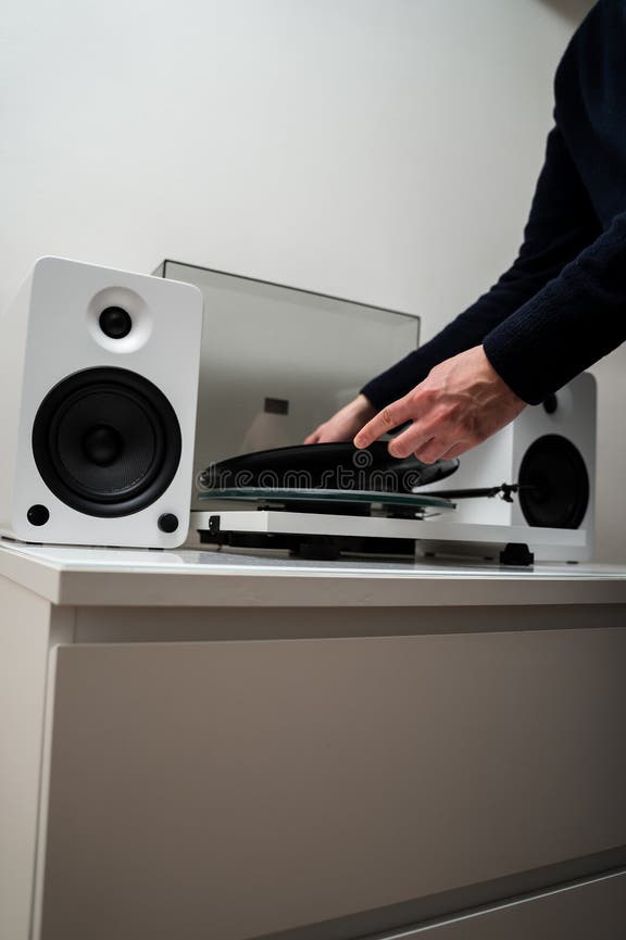 Setting Up Vinyl Speaker System. Musicians Hands Adjusting Vinyl Disc ...