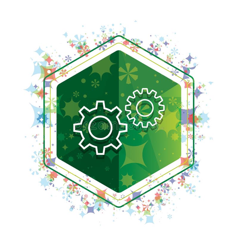 Settings Process Icon Floral Plants Pattern Green Hexagon Button Stock ...