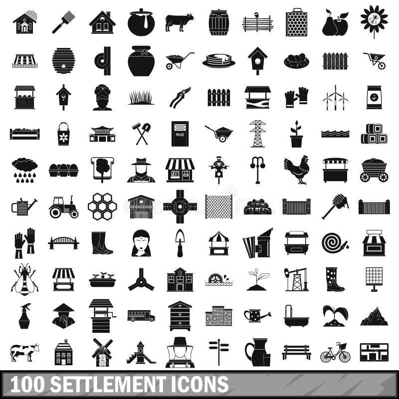 100 Settlement Icons Set, Simple Style Stock Vector - Illustration of ...