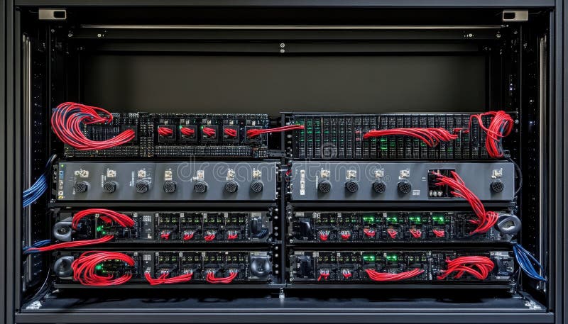Setup of Audio Equipment in a Technical Rack with Illuminated Controls ...