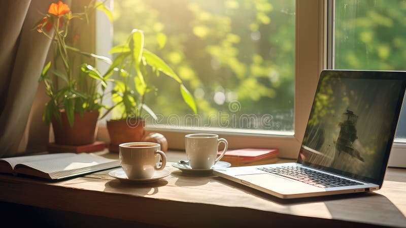 Setup computer desk coffee stock illustration. Illustration of pens ...
