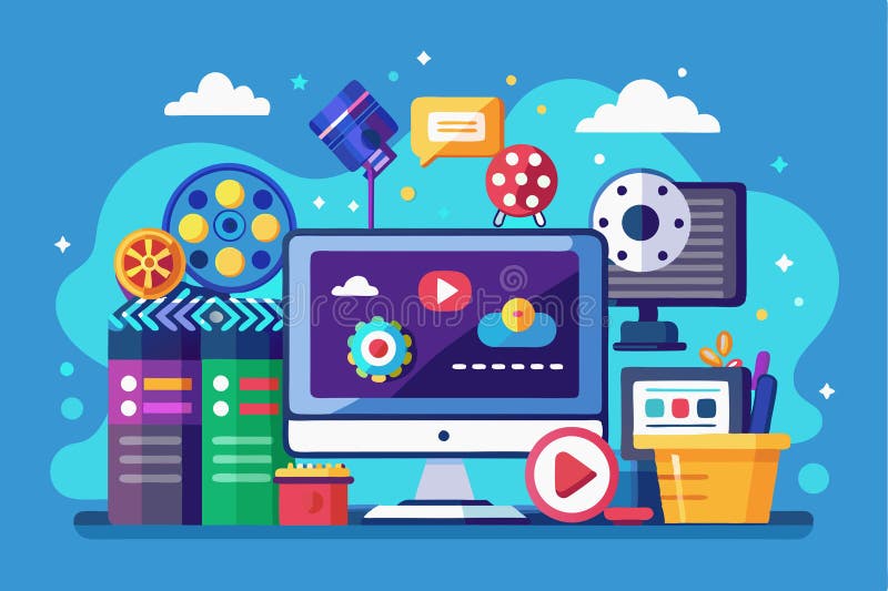 This Setup Features a Computer Screen Displaying Video Streaming ...