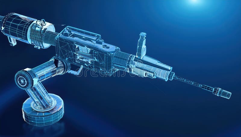 Firefly Machine Gun Mounted on Robotic Arm in a Wireframe Environment ...