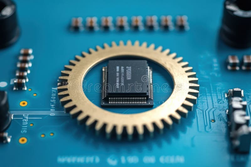 The Setup Features Gears Encircling a Microprocessor on a Blue Circuit ...