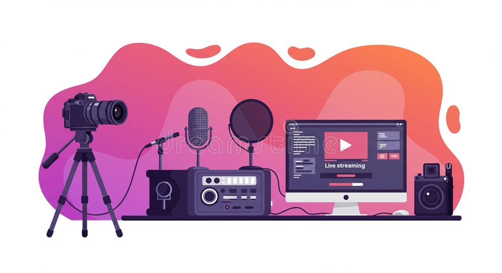 A Setup Featuring Live Streaming Equipment Against a Pink and Orange ...