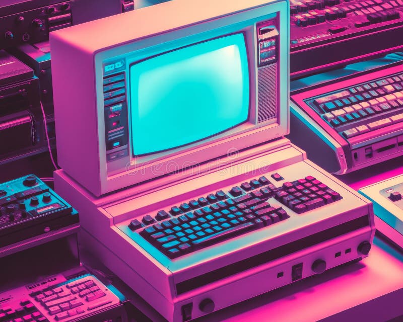 The Setup Includes a Retro Computer Along with Vintage Synthesizers and Equipment Stock Image ...