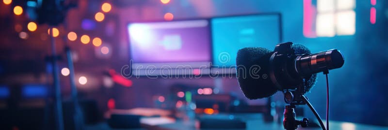 Live Broadcast Setup Featuring Microphone, Countdown Timer, and ...