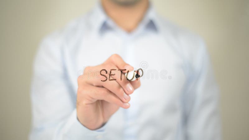 Setup, Man Writing on Transparent Screen Stock Image - Image of ...
