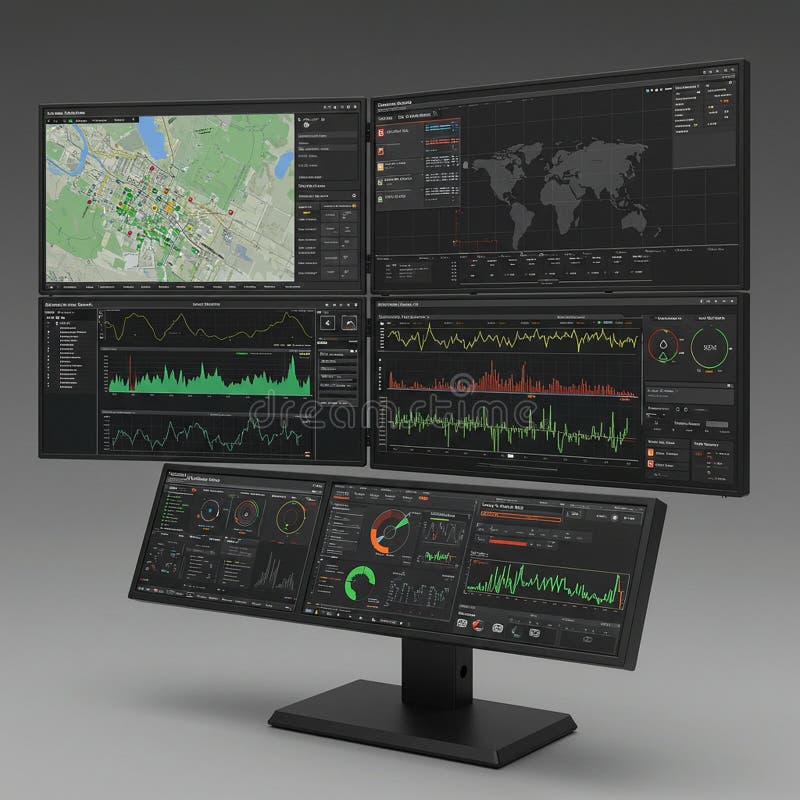 A Setup with Multiple Monitors Displays Various Data Visualizations and Analytics. the Stock ...