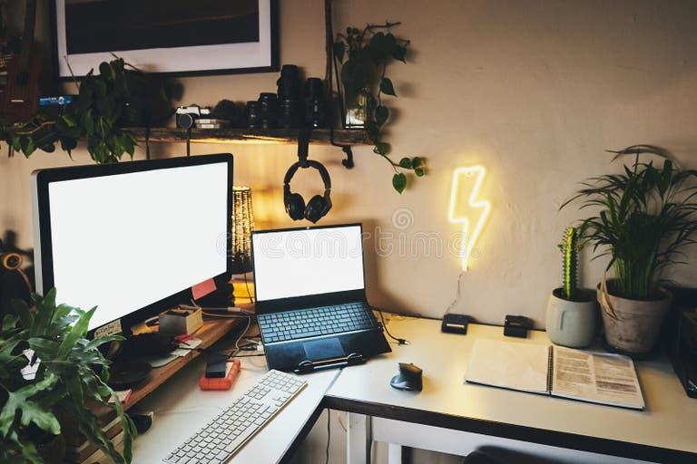 Setup, Room and Computer on Desk, Screen and Equipment for Work in ...